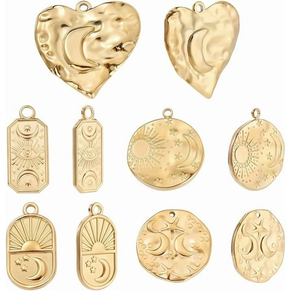 10Pcs 5 Styles Celestial Jewelry Charms 18K Gold Plated 304 Stainless ...