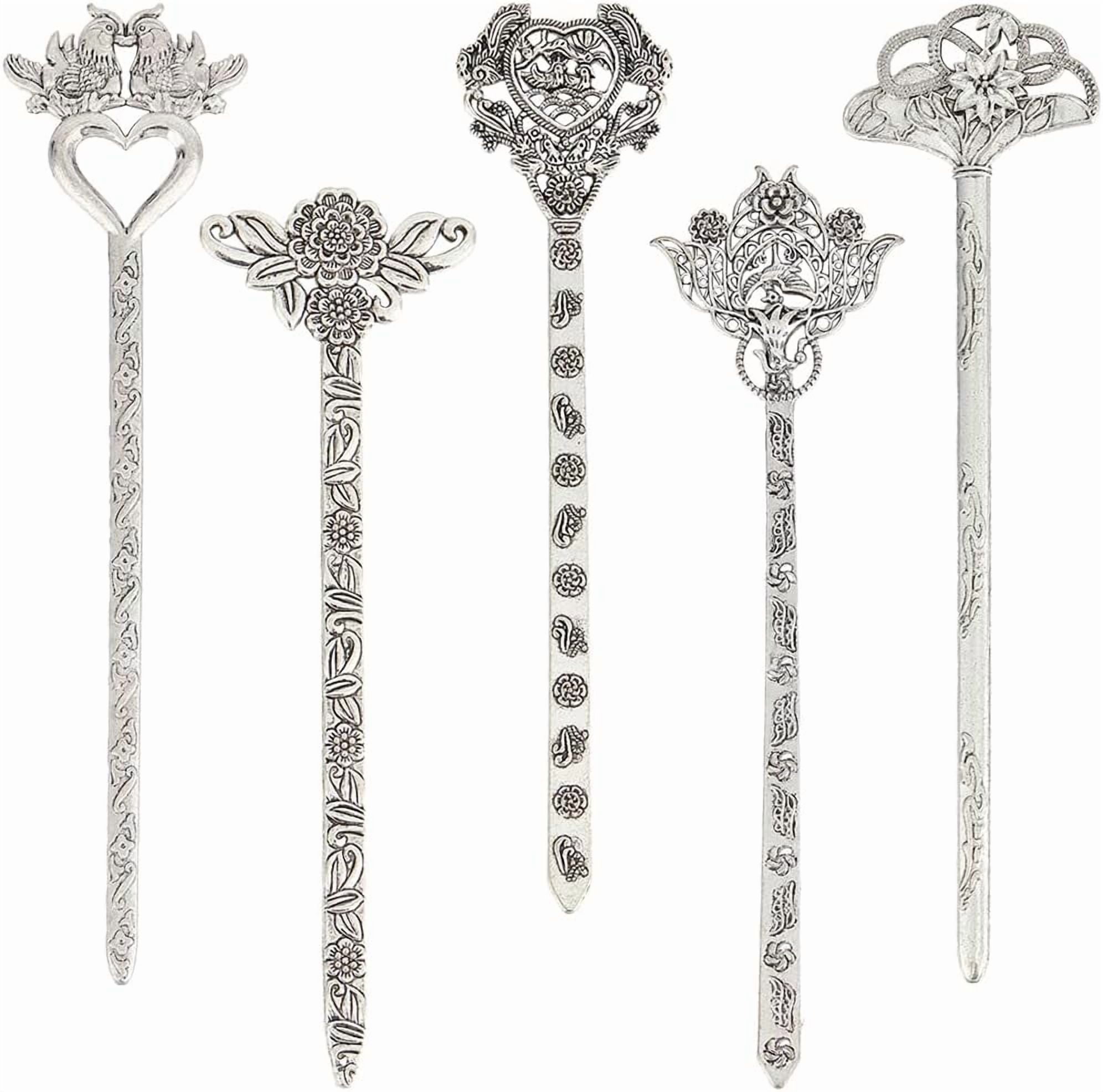 10Pcs 5 Styles Flower Tibetan Style Alloy Bookmarks Hair Sticks Silver ...