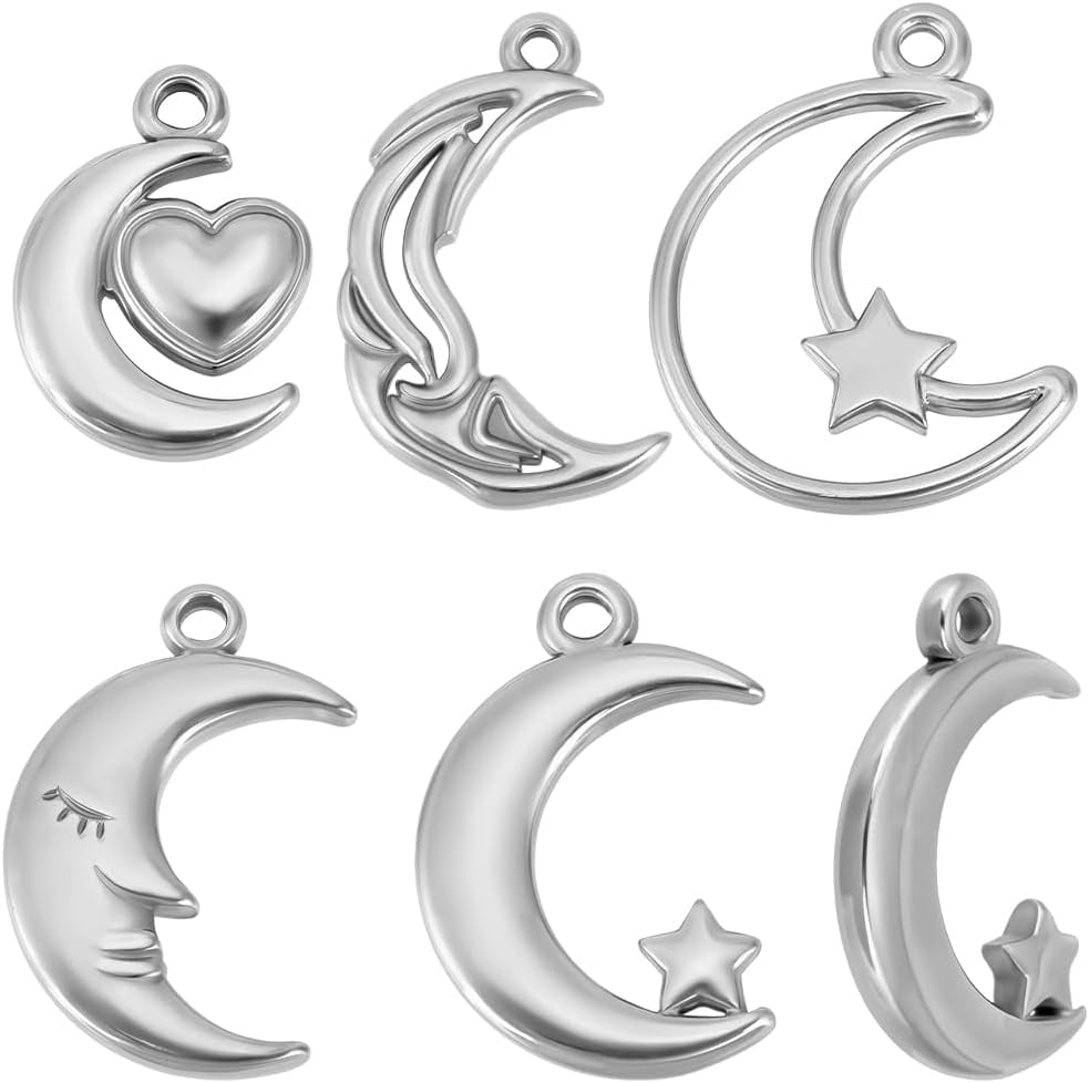 10Pcs 5 Styles Moon Pendant Charm Stainless Steel Hollow Celestial ...