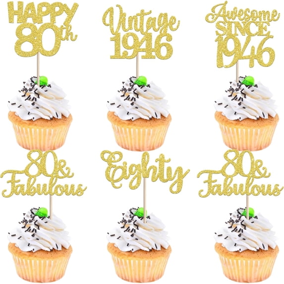 10Pcs 80th Birthday Cupcake Toppers, Gold Glitter Happy 80th Vintage ...