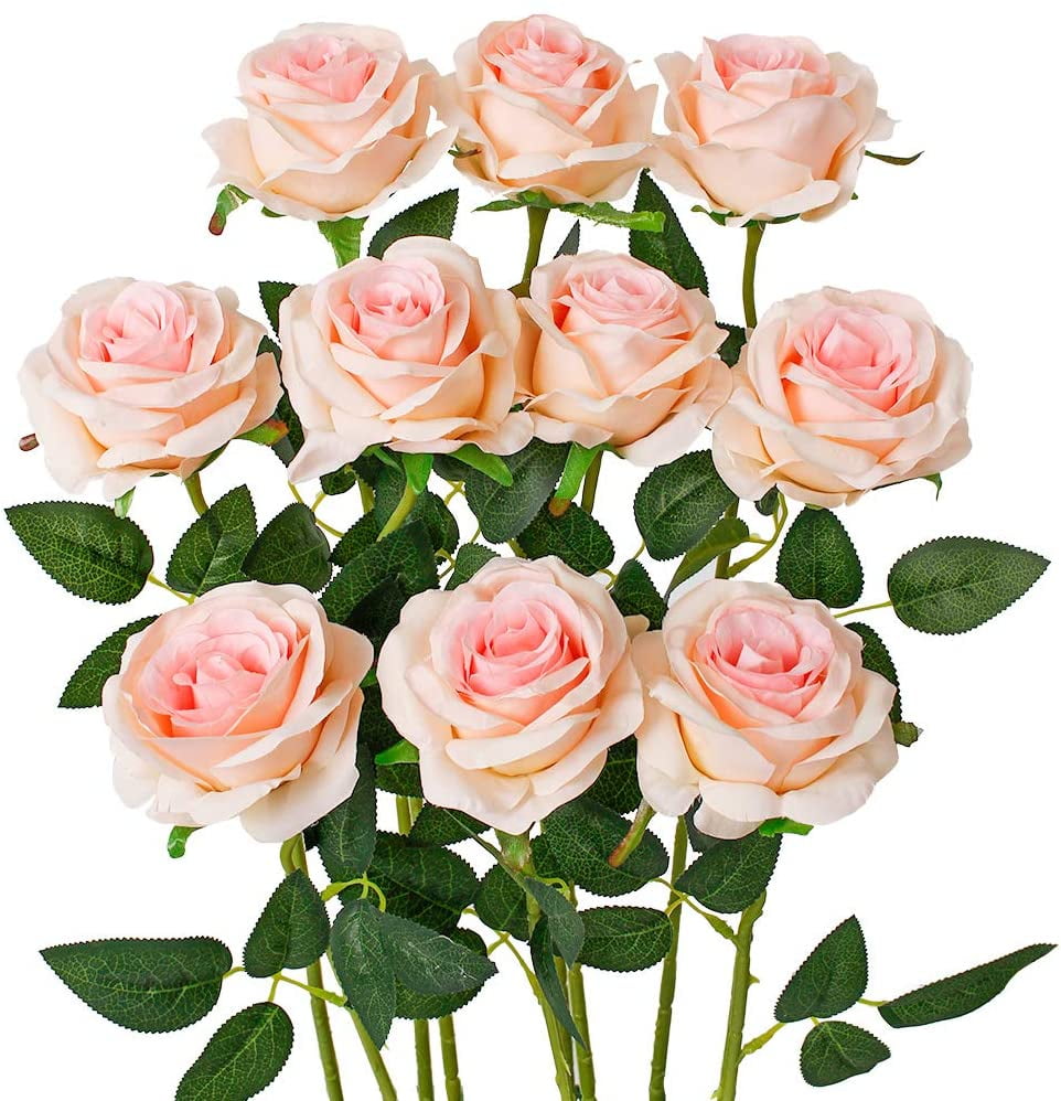 10Pcs Artificial Rose Flowers with Long Stem Fake Roses Silk Realistic ...