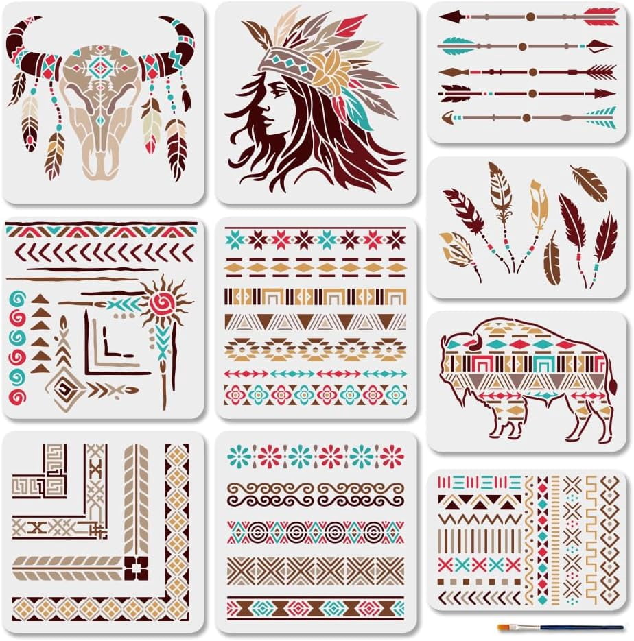 10Pcs Aztec Stencil Tribal Indian Painting Stencils 11.8×11.8/11.7×8 ...