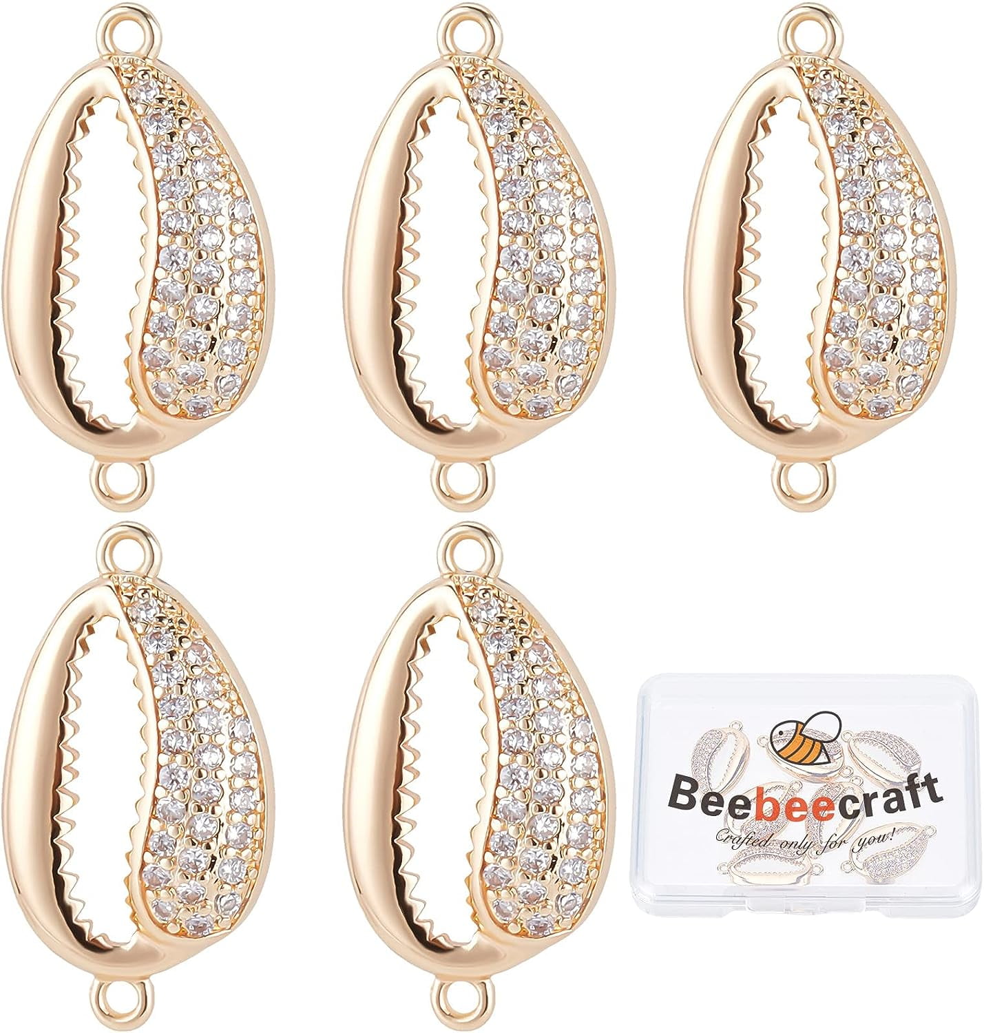 10Pcs/Box Cubic Zirconia Sea Shell Link Charms 18K Gold Plated Brass ...