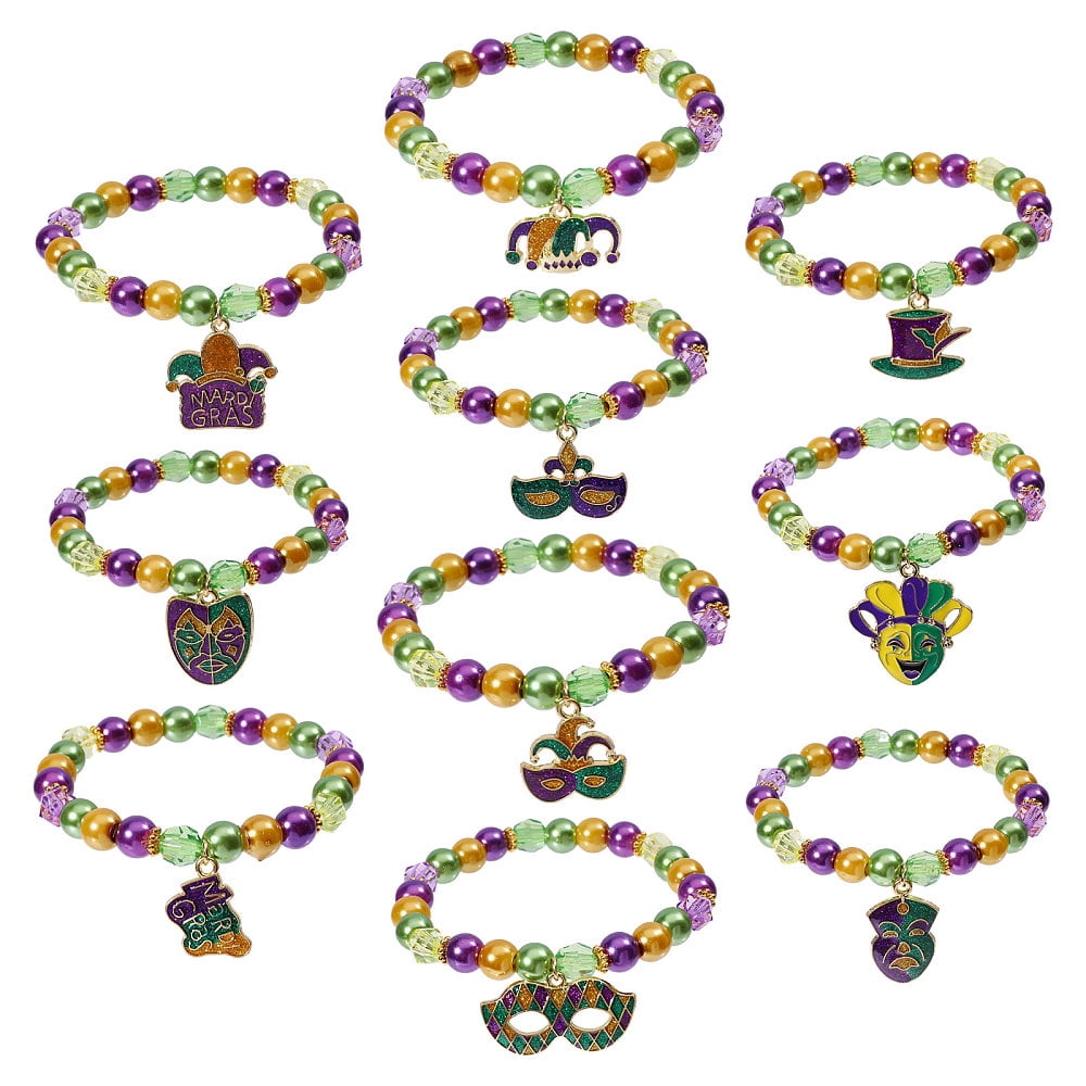 10Pcs Carnival Acrylic & Glass Pearl Bead Bracelets with Alloy Enamel ...