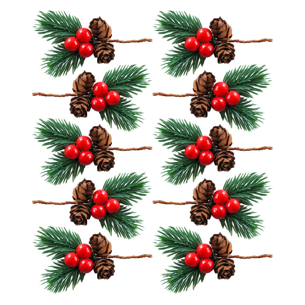 10Pcs Christmas Artificial Pinecone Red Berry Stem Home Party Decor ...