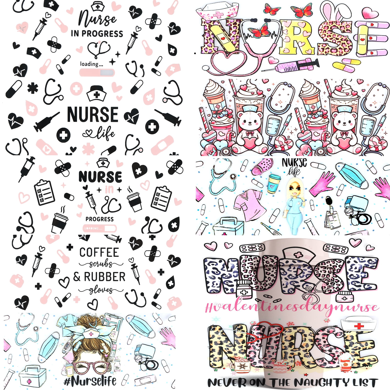 10Pcs Cup Wrap Transfers Stickers Nurse Theme Cute Cartoon Transfer Cup ...
