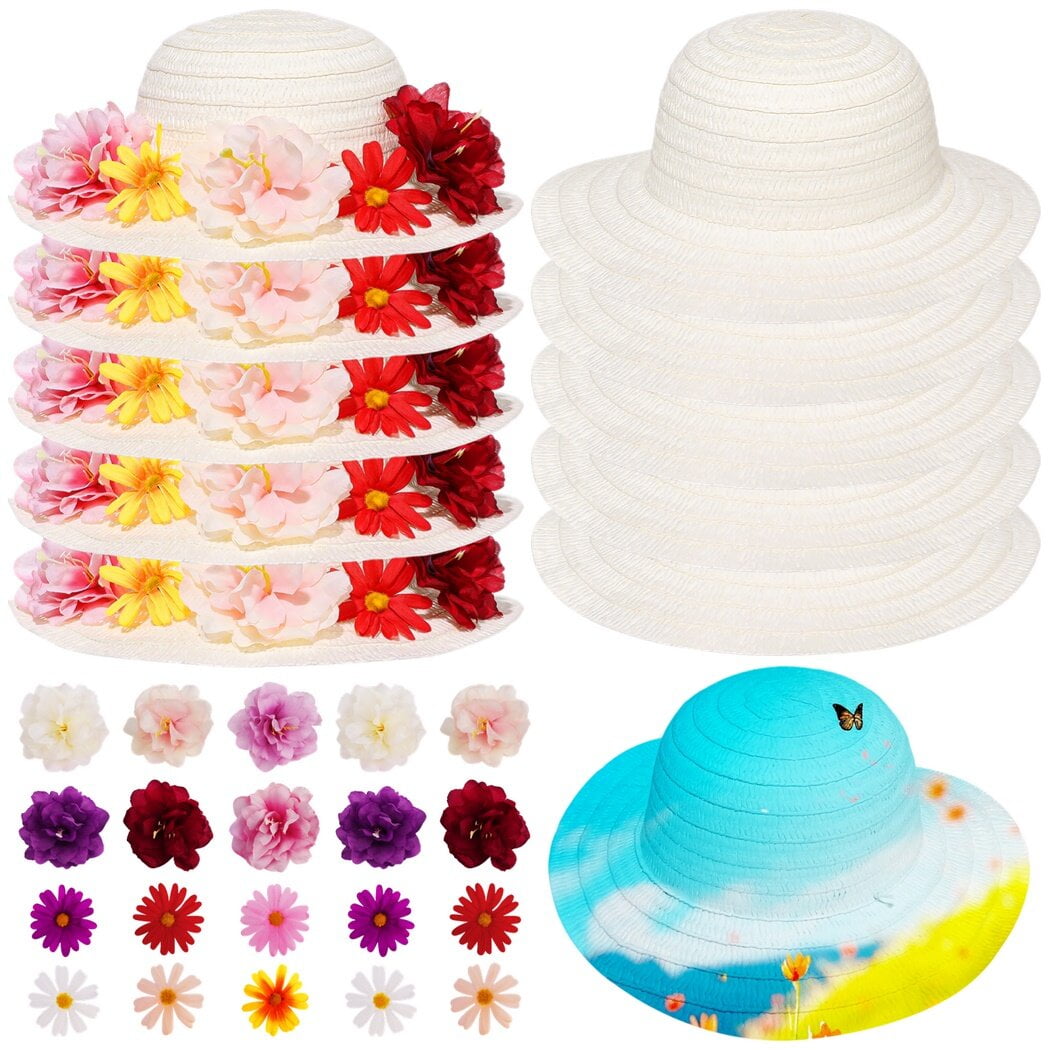 10Pcs DIY Straw Hats with 60Pcs Silk Flowers, DIY Tea Party Hats, Fake ...