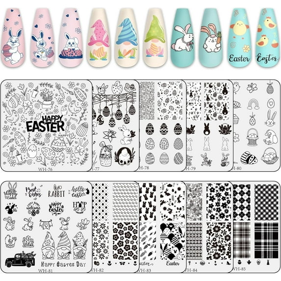 10Pcs Easter Nail Art Stamping Plates Kit Bunny Egg Rabbit Flower ...