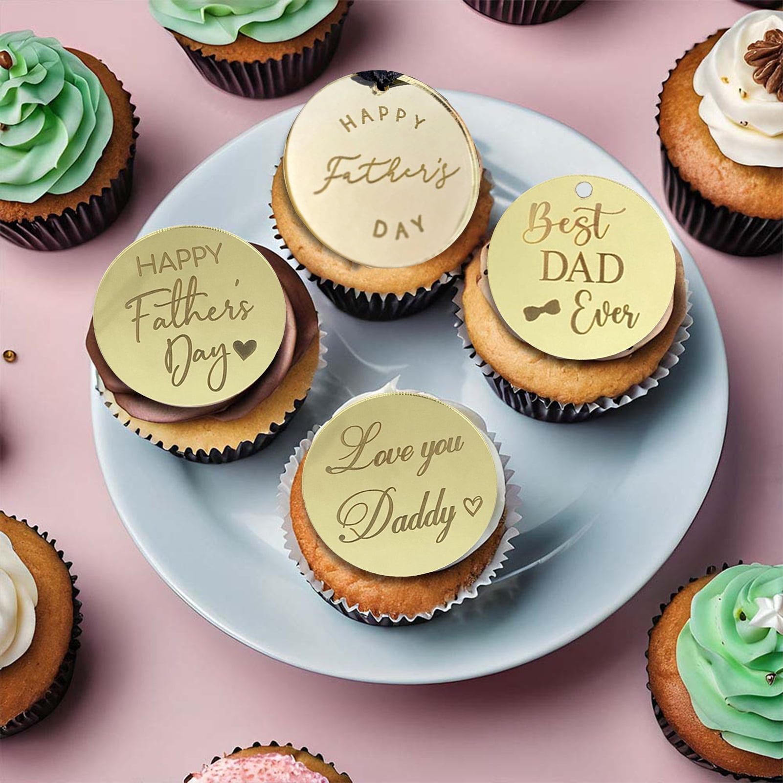 10Pcs Father Day Marked Cake Toppers Letter Carved Round Happy Father ...