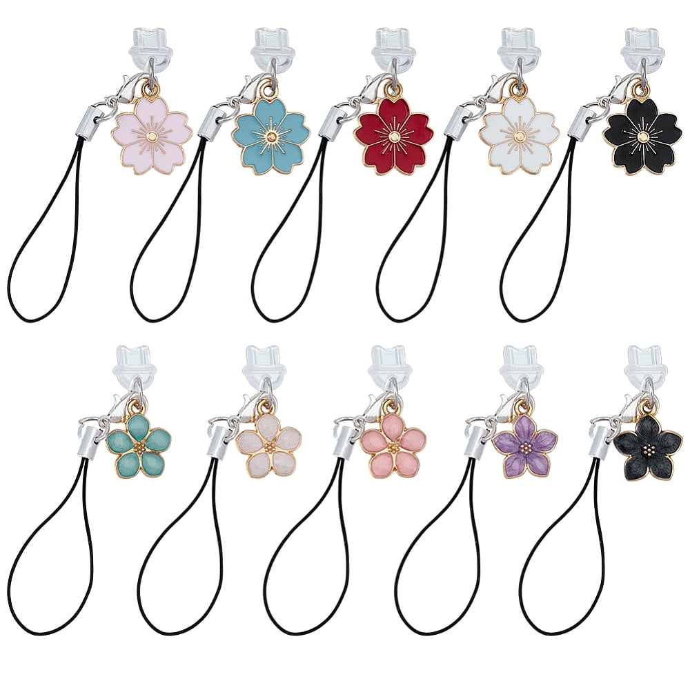 10Pcs Flower Allloy Enamel Mobile Straps with Plastic Mobile Dustproof ...