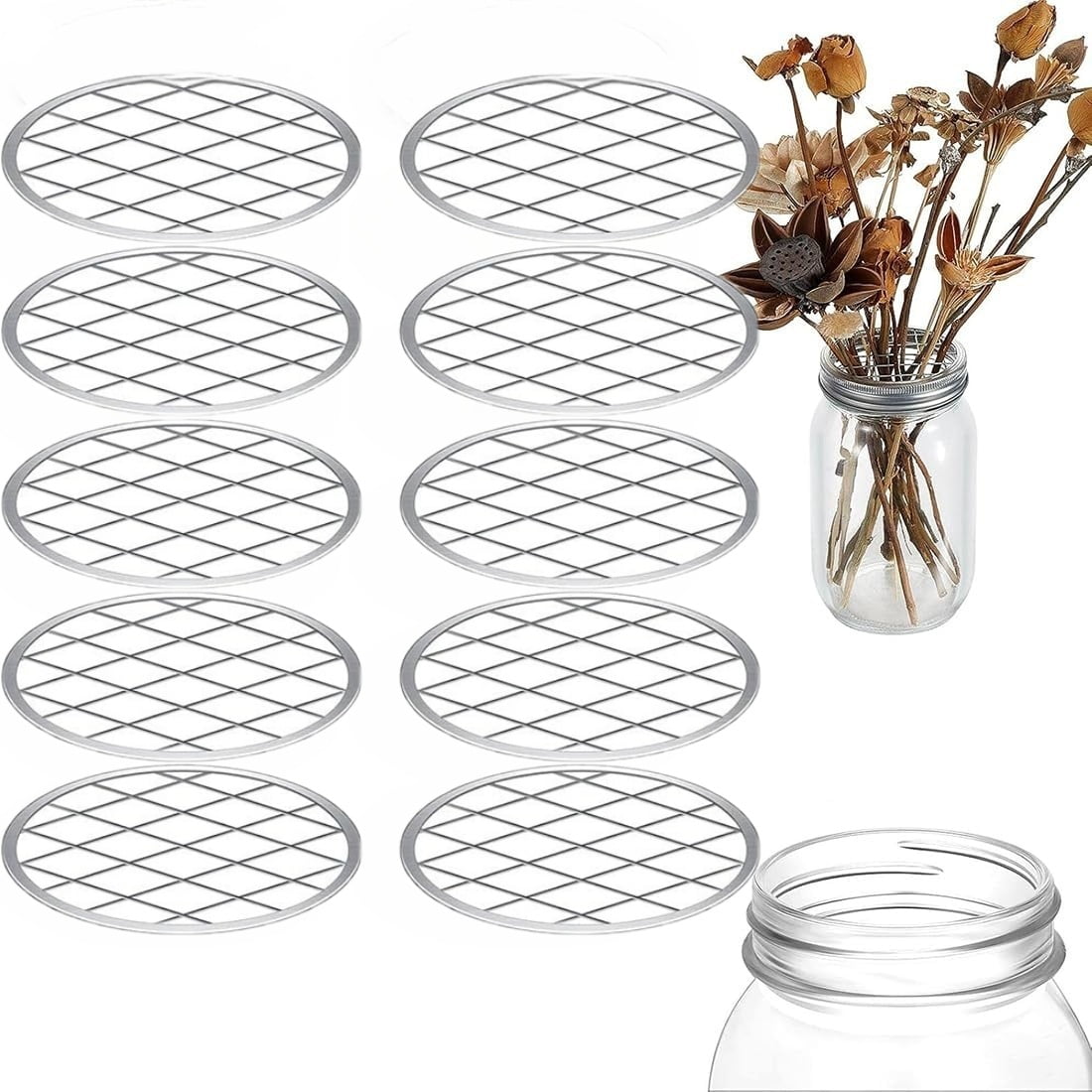 10Pcs Flower Jar Insert Lid, Reusable Frog Lids with Square Grids Metal ...