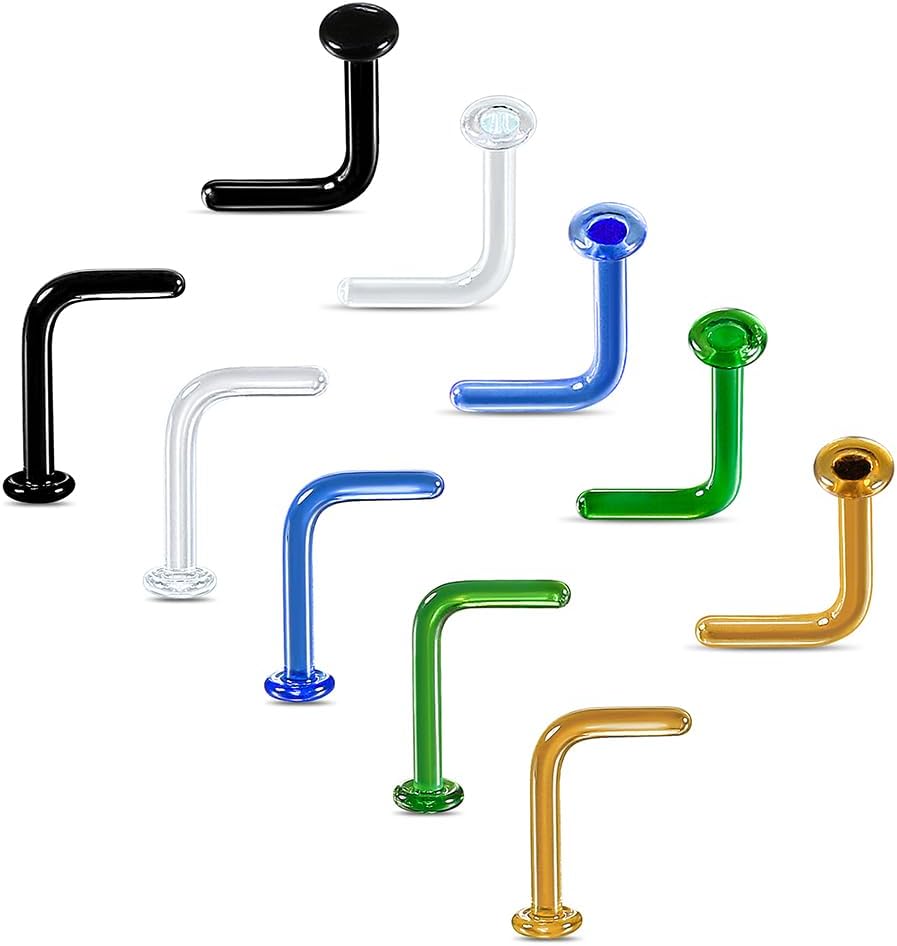 10Pcs Glass L-Shaped Nose Studs Retainers Set, Flat Top Nose Screw for ...