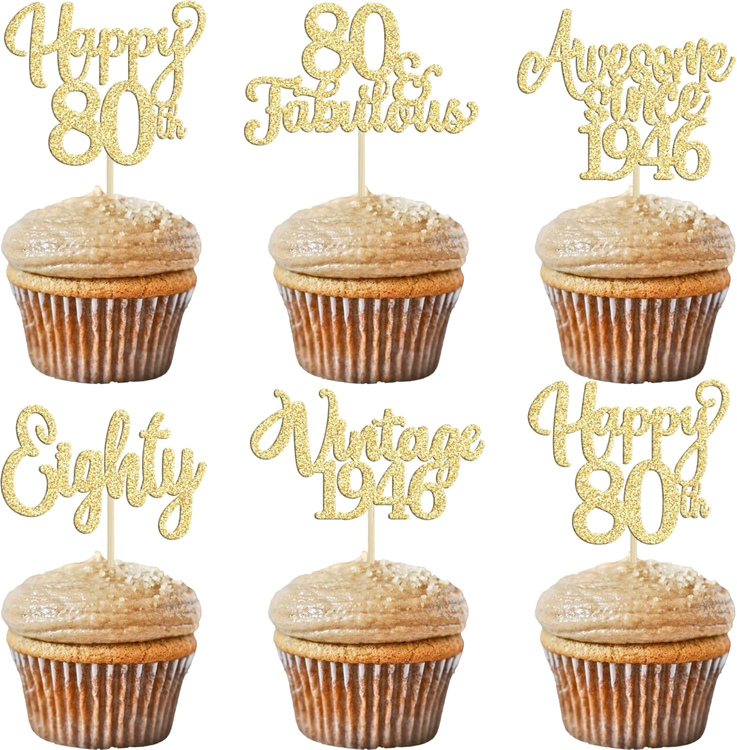 10Pcs Gold Glitter 80th Birthday Cupcake Toppers, "Happy 80th, Awesome ...