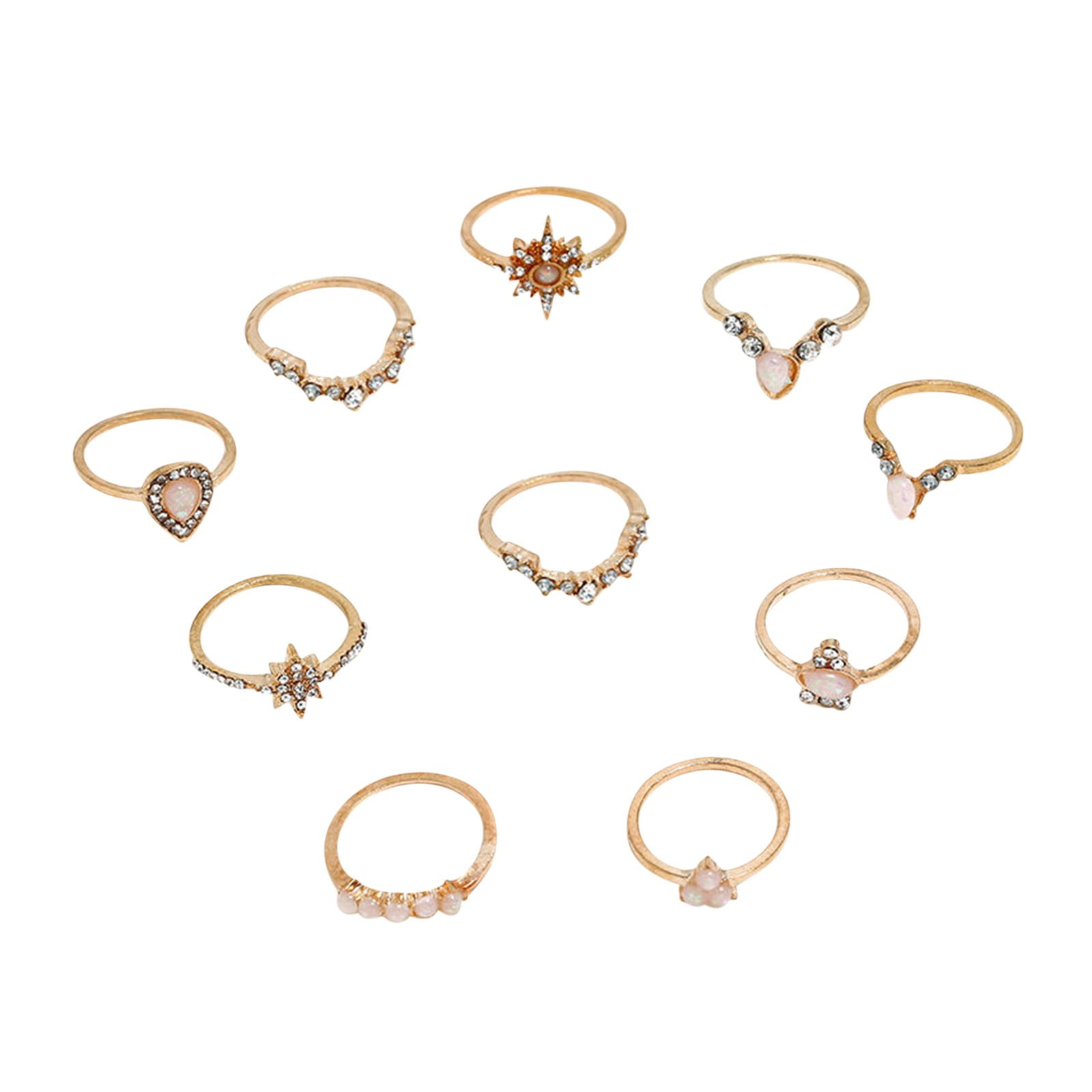 10Pcs Gold Rhinestone Rings Set For Women Retro Ethnic Stackable Boho ...
