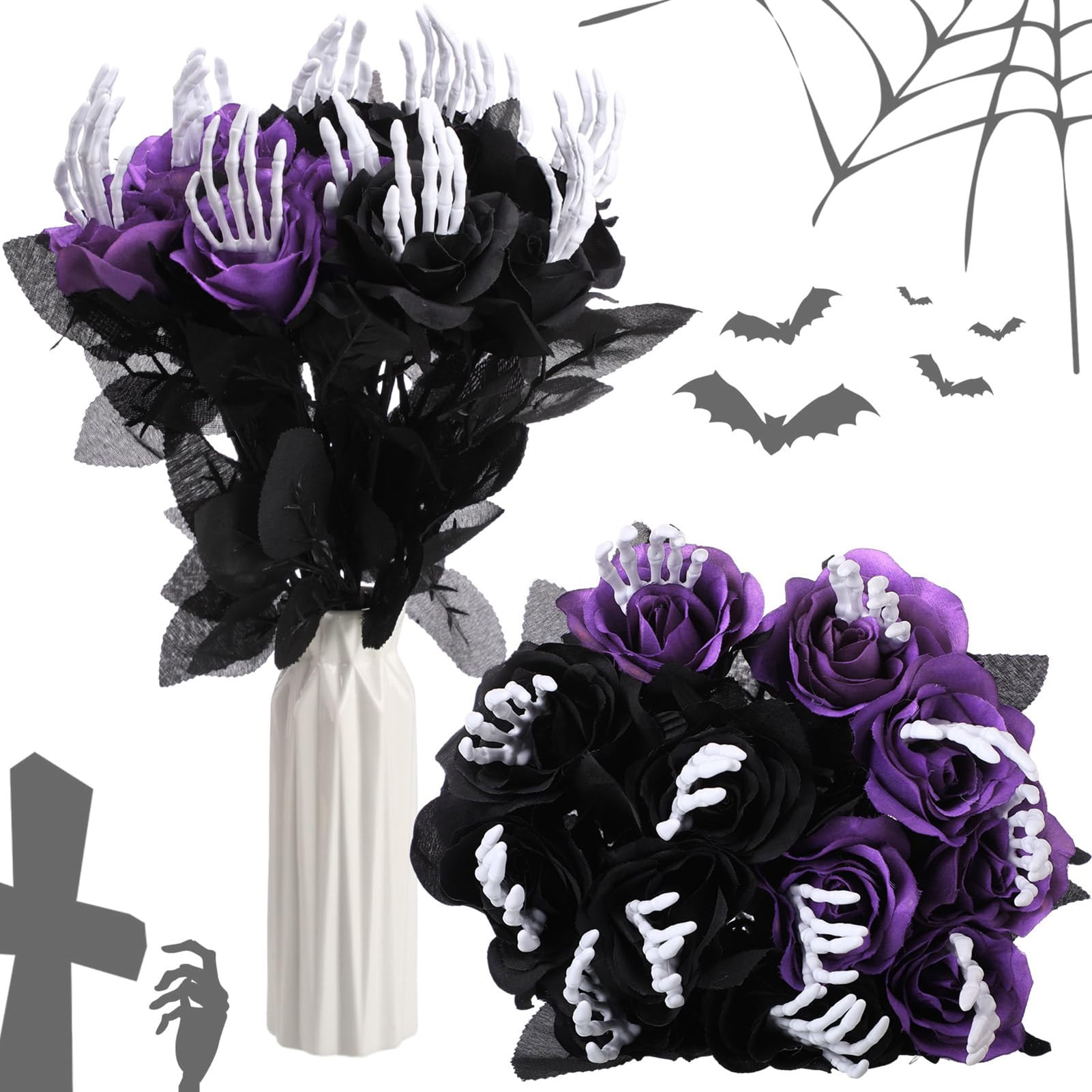 10Pcs Halloween Artificial Rose with Skeleton Hand Gothic Fake Silk ...