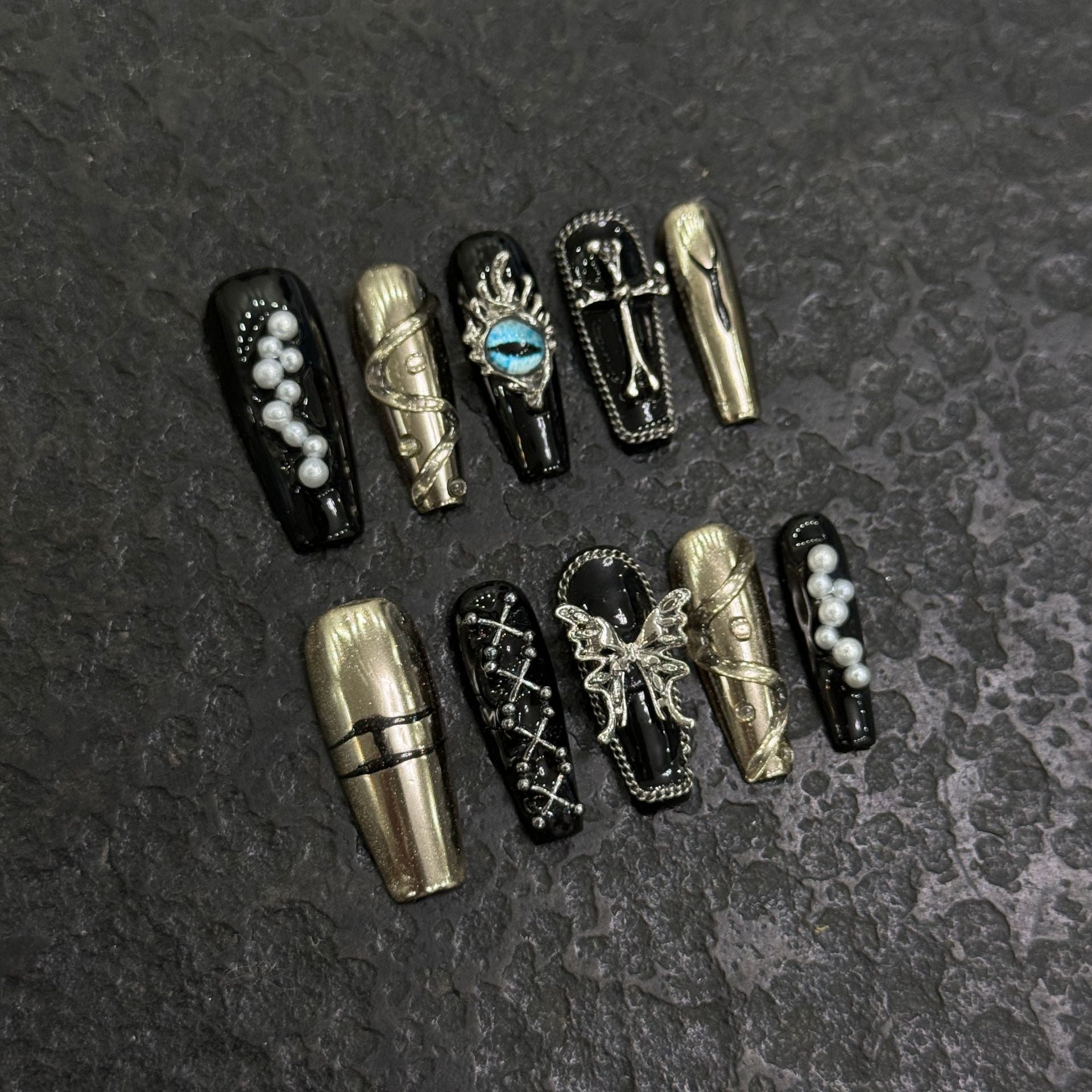 10Pcs Handmade Press on Nails Black Fake Nails with Butterfly ...