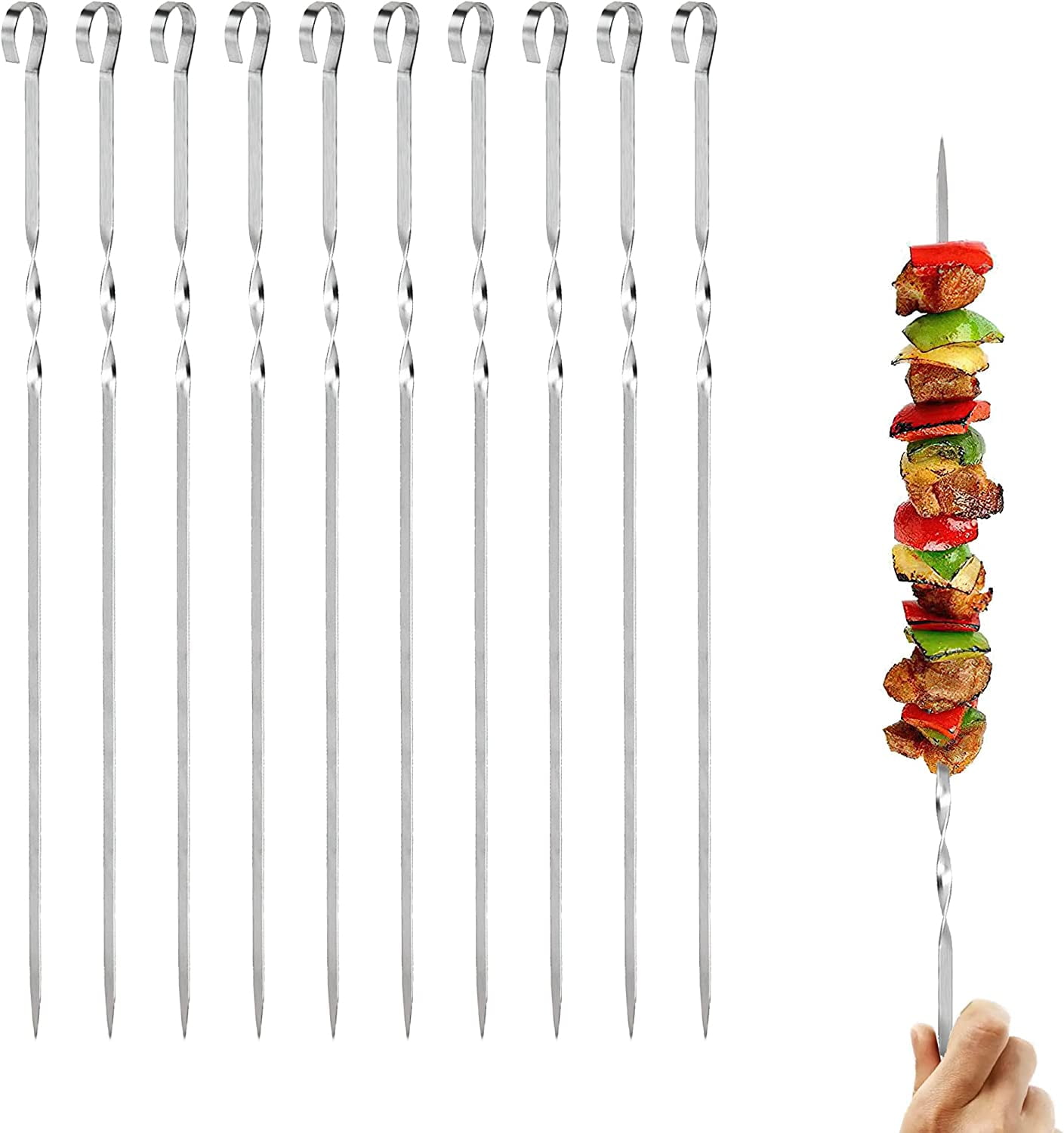 10Pcs Kabob Skewers Flat Metal Stainless Steel BBQ Barbecue Skewer 15" Anti-Roll Heavy Duty ...