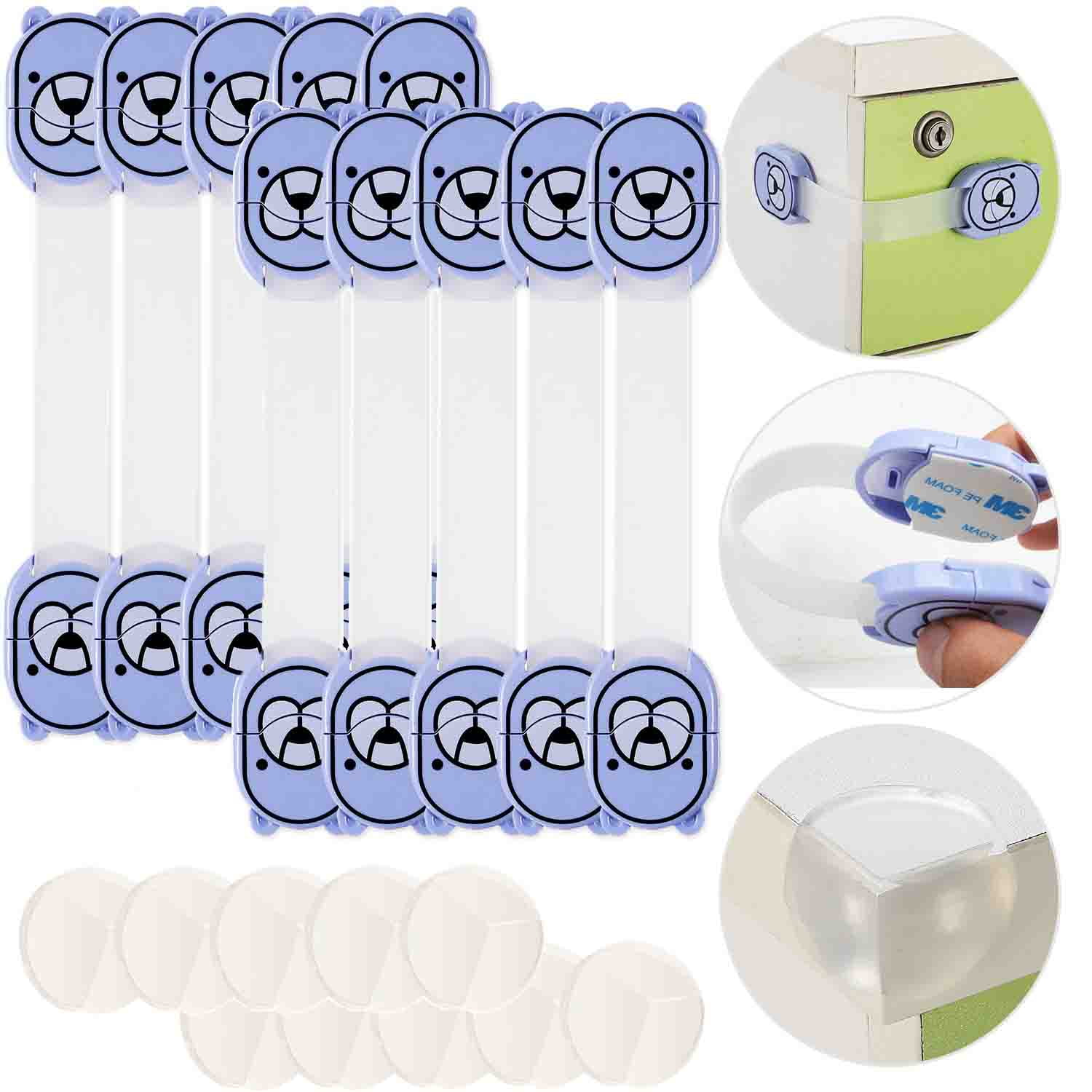 10Pcs Kids Safety Locks with 10 Furniture Corner Protectors Drawer ...