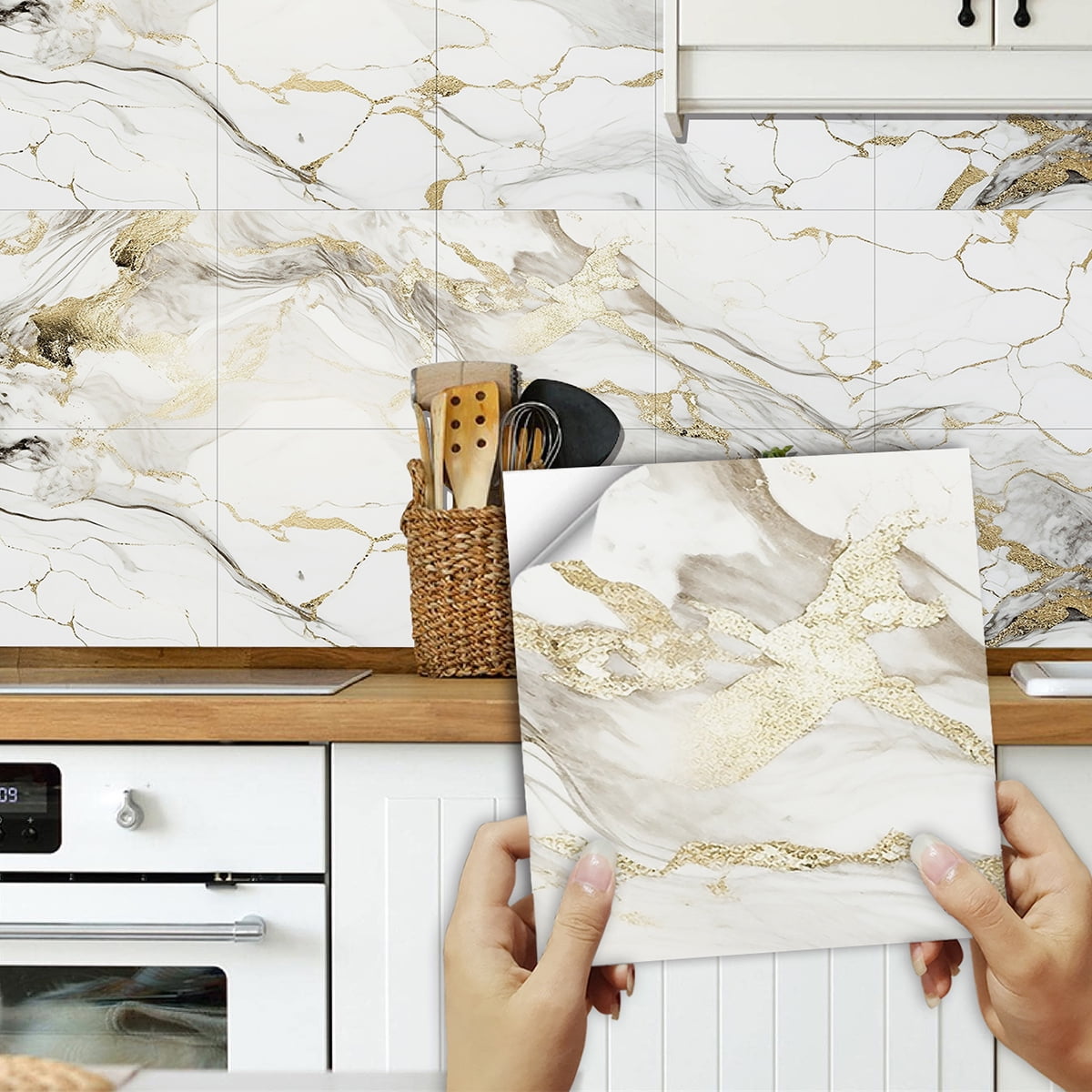 10Pcs Kitchen Backsplash Wall Stickers 5.9"x5.9" Tile Vinyl Gray Gold ...