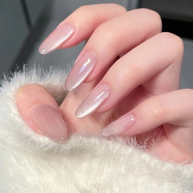 10Pcs Long Almond False Press on Nails Girly Juicy Pink Cat Eye Fake ...