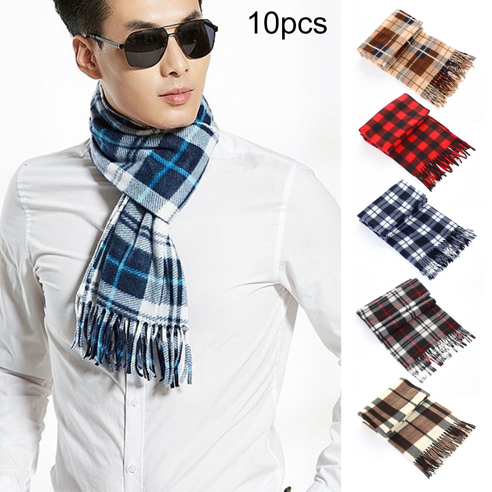 10Pcs Men Women Scarf Plaid Print Tassel Trim Double Sided Velvet Long ...
