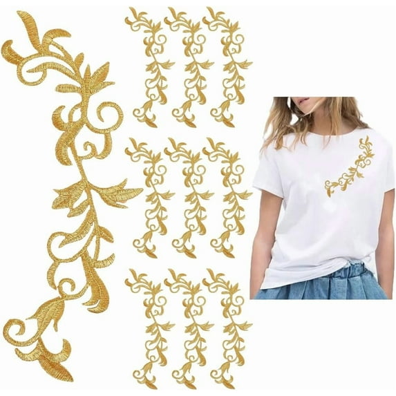 10Pcs Metallic Embroidered Iron on Patch Gold Long Leaf Embroidery ...