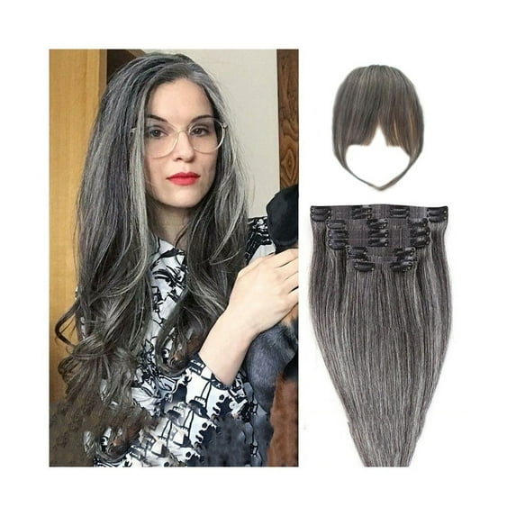 10Pcs Ombre Grey Clip in Hair Extensions with Bangs Thick Silky ...