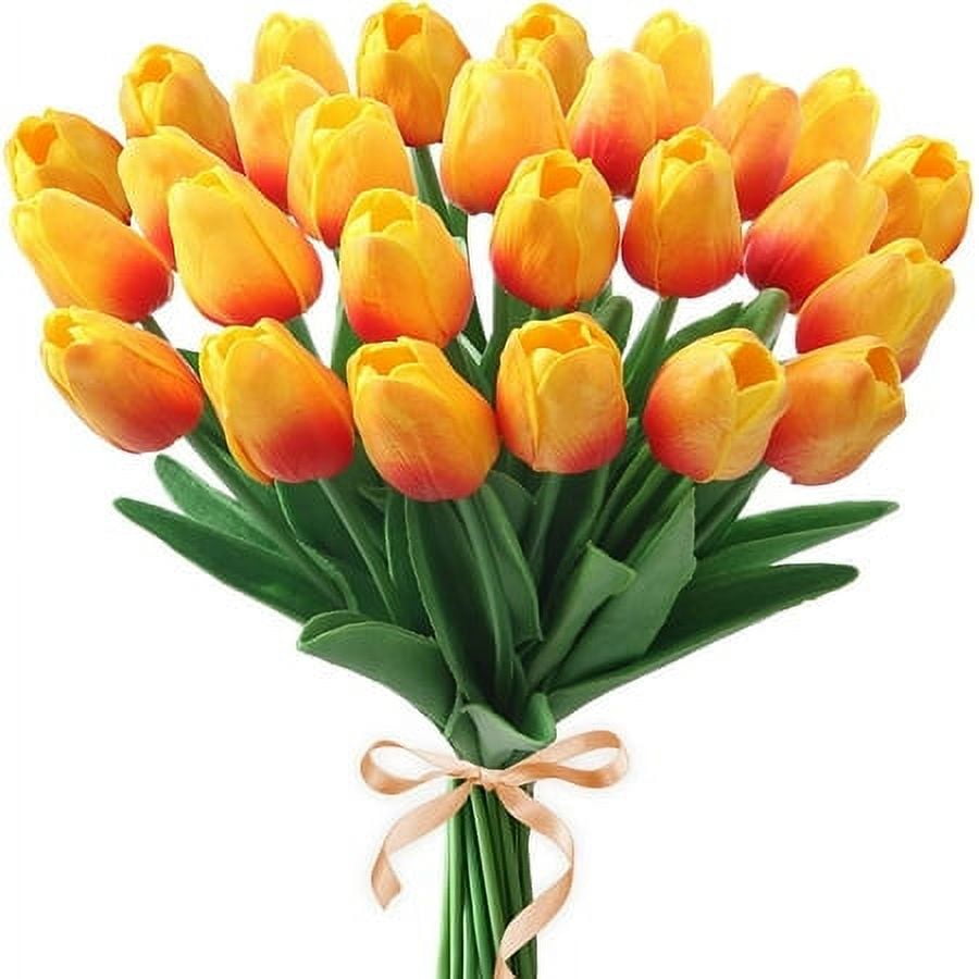 10Pcs Orange Tulips Artificial Flowers Faux Tulip Stems Real Feel PU ...