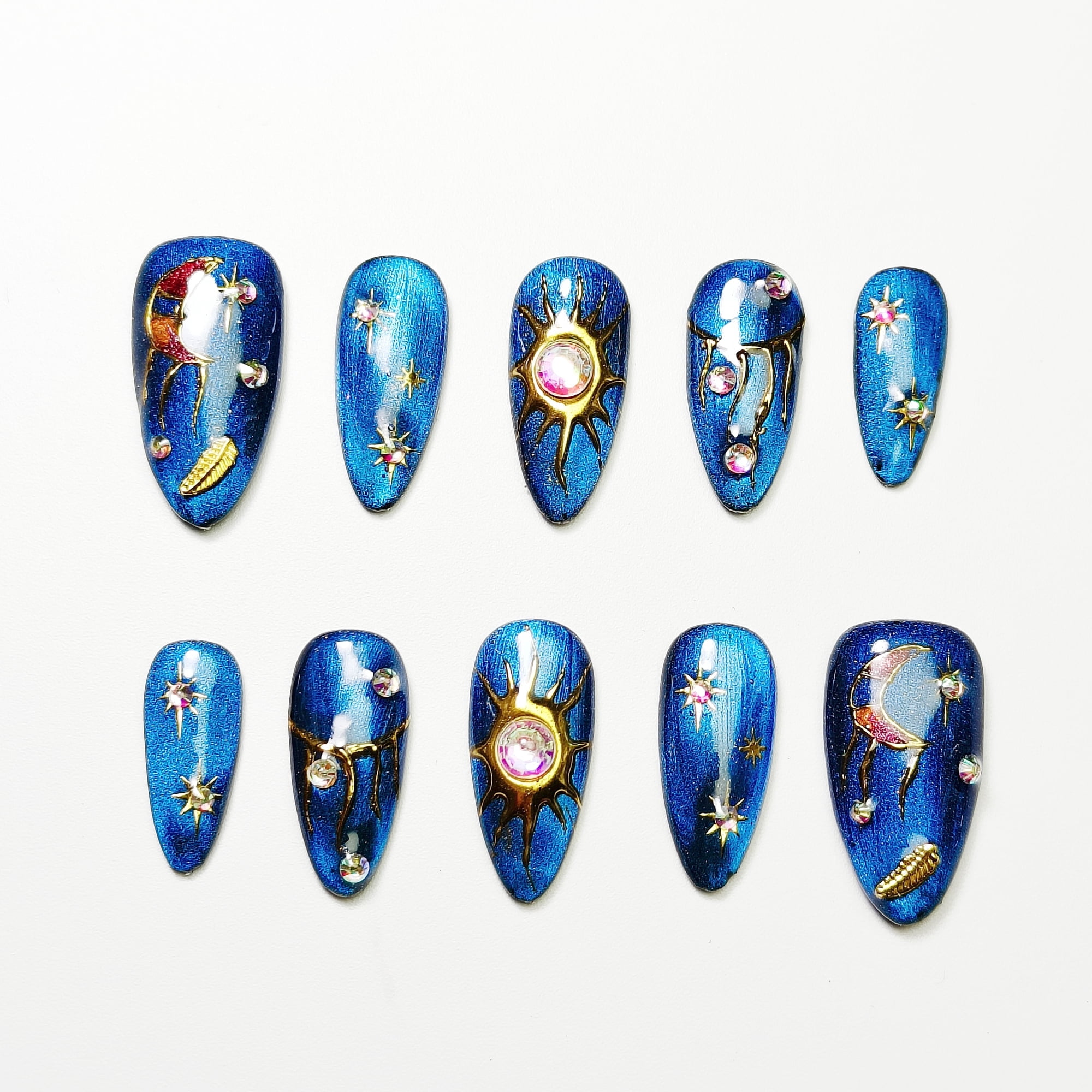 Artisan Crafted Blue Cat Eye Celestial Almond Press-on Nails, Gold ...