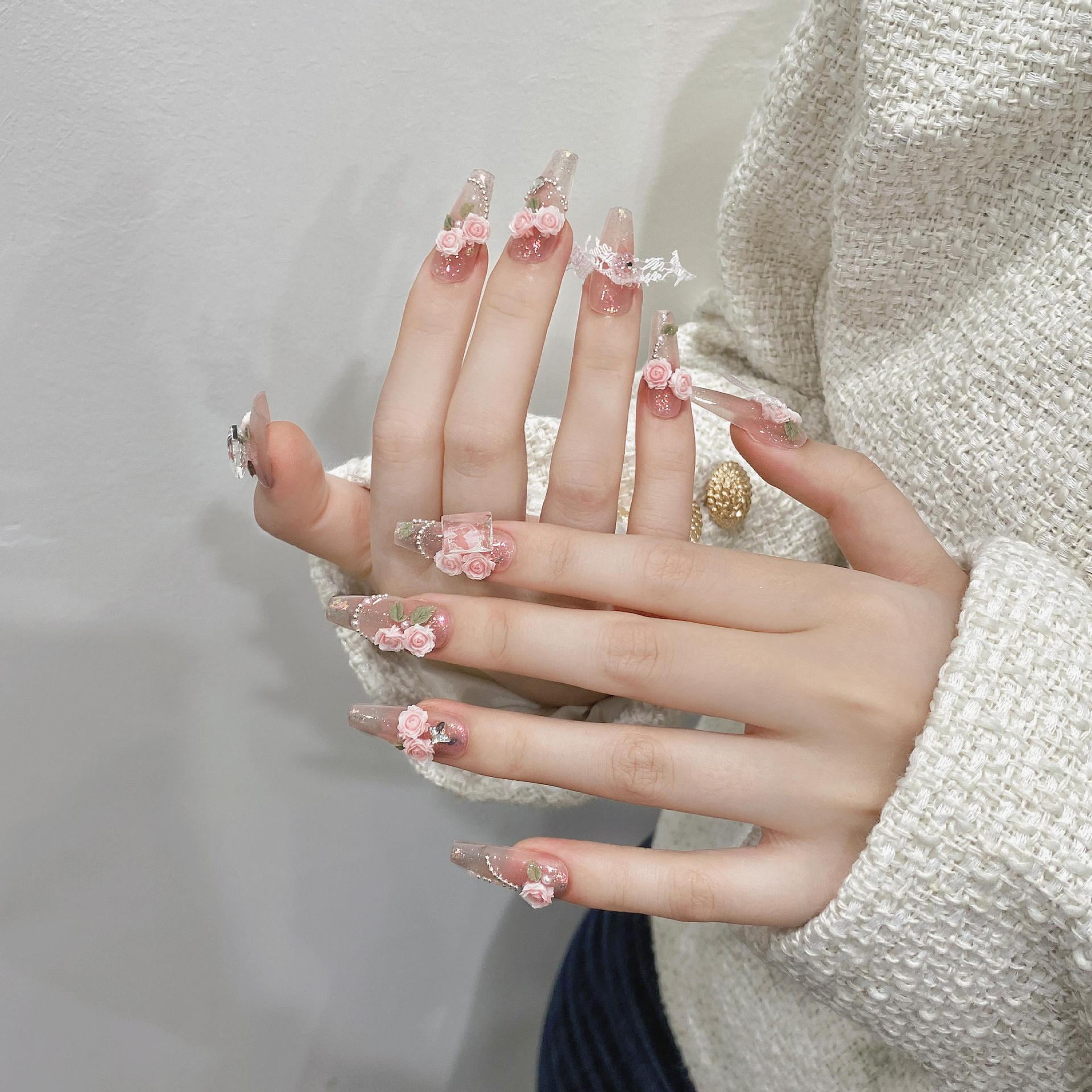 10Pcs Pink French Y2k Nail Tips Long Ballet Handmade Fake Nail Wearable ...