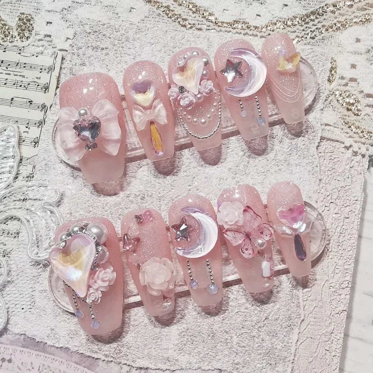 10Pcs Pink French Y2k Nail Tips Long Ballet Handmade Fake Nail Wearable ...