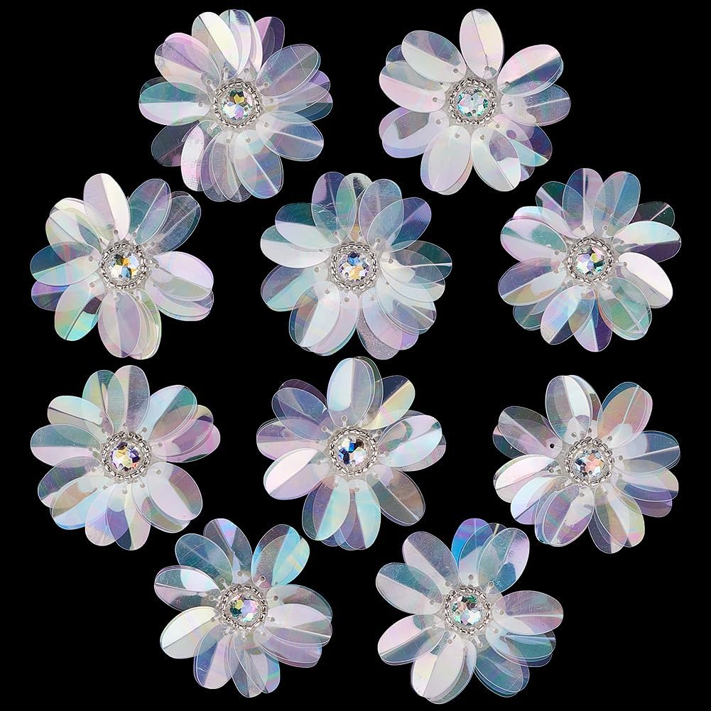 10Pcs Plastic Sequin Flowers with Rhinestones Beaded Floral Applique ...