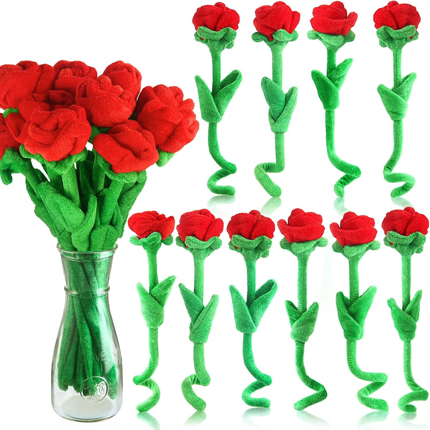 10Pcs Plush Rose Flower Stuffed Rose Flower Bendable Stems Plush ...