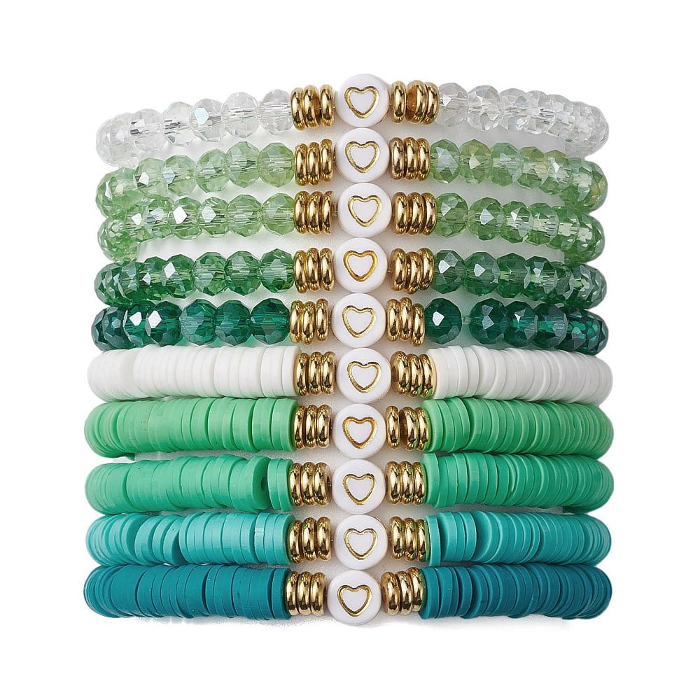 10Pcs Polymer Clay Disc Glass Brass Beaded Stretch Bracelets Set Heart ...