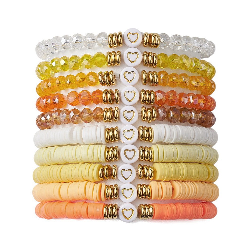 10Pcs Polymer Clay Disc & Glass & Brass Beaded Stretch Bracelets Set ...