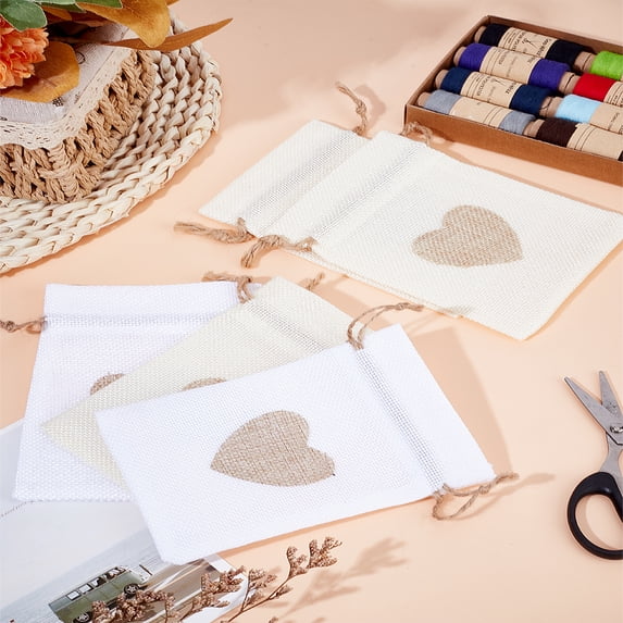 10Pcs Rectangle with Heart Burlap Gift Pouches Drawstring Bags Mixed ...