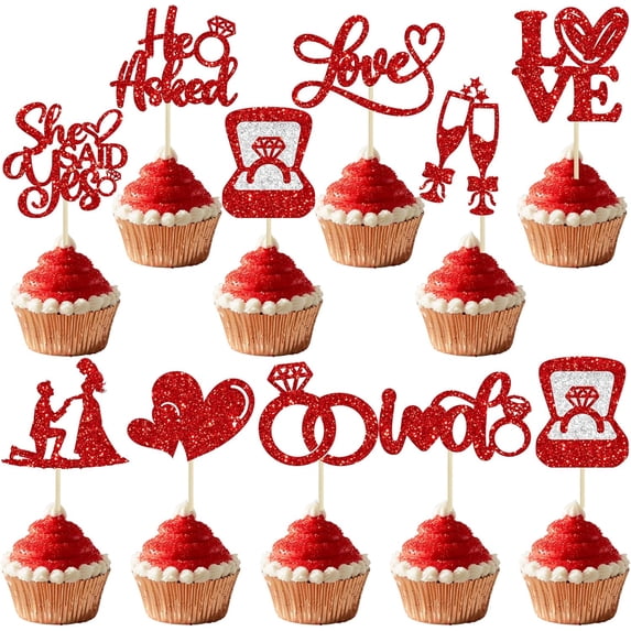 10Pcs Red Glitter Engagement Cupcake Toppers, "She Said Yes, He Asked ...