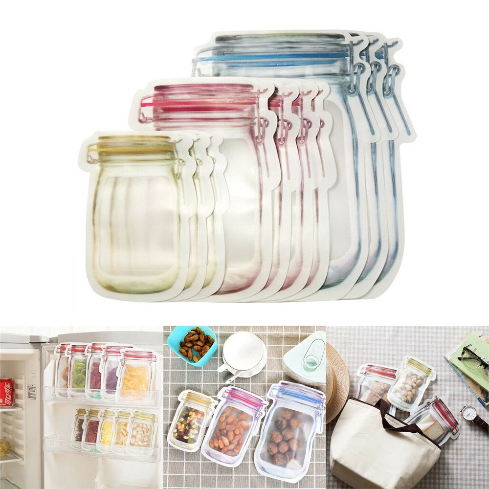 10Pcs Reusable Zip Lock Snack Bags Mason Jar Zipper Food Saver Ziplock ...