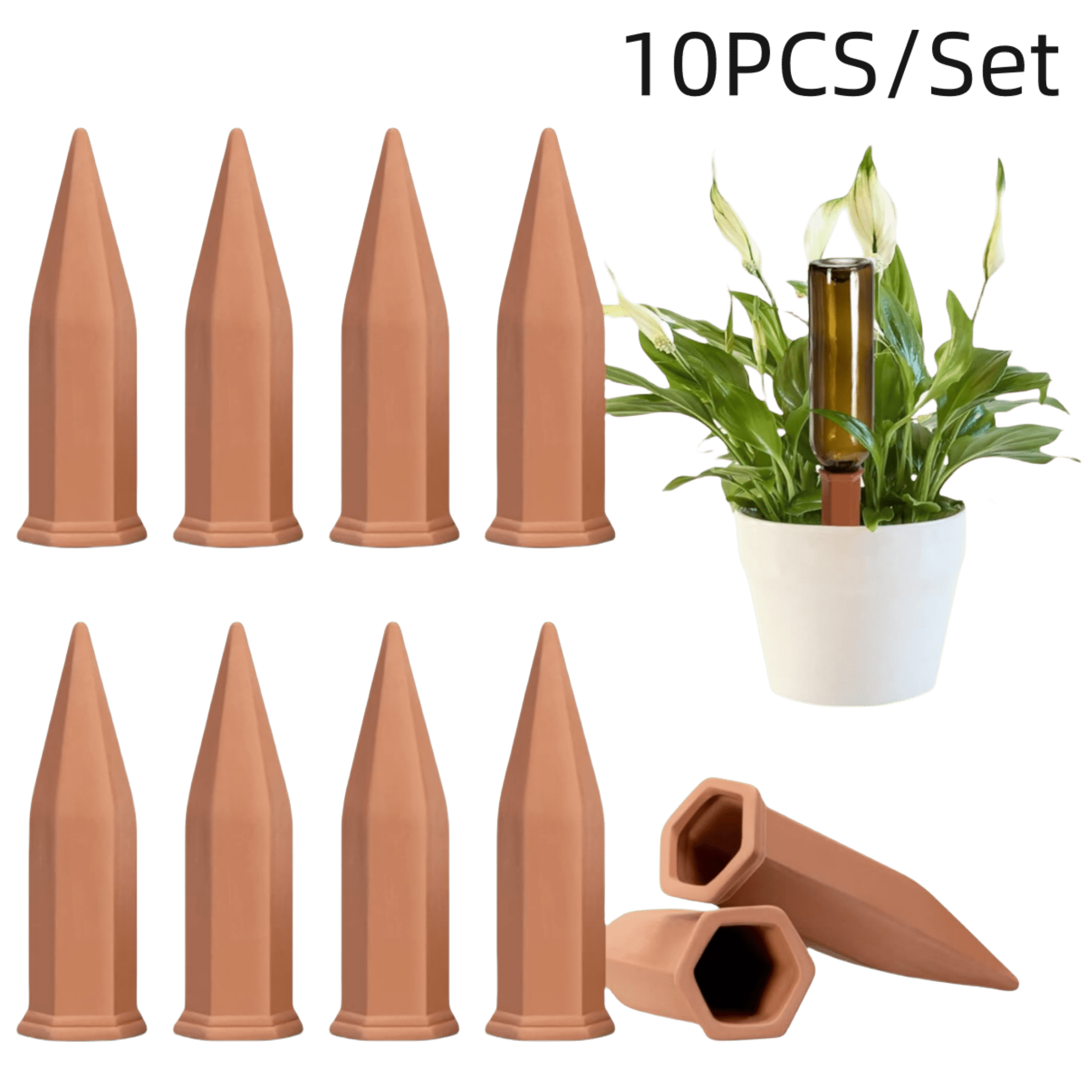10Pcs Self-Watering Spikes, Hexagonal Terracotta Watering Stakes, Auto ...