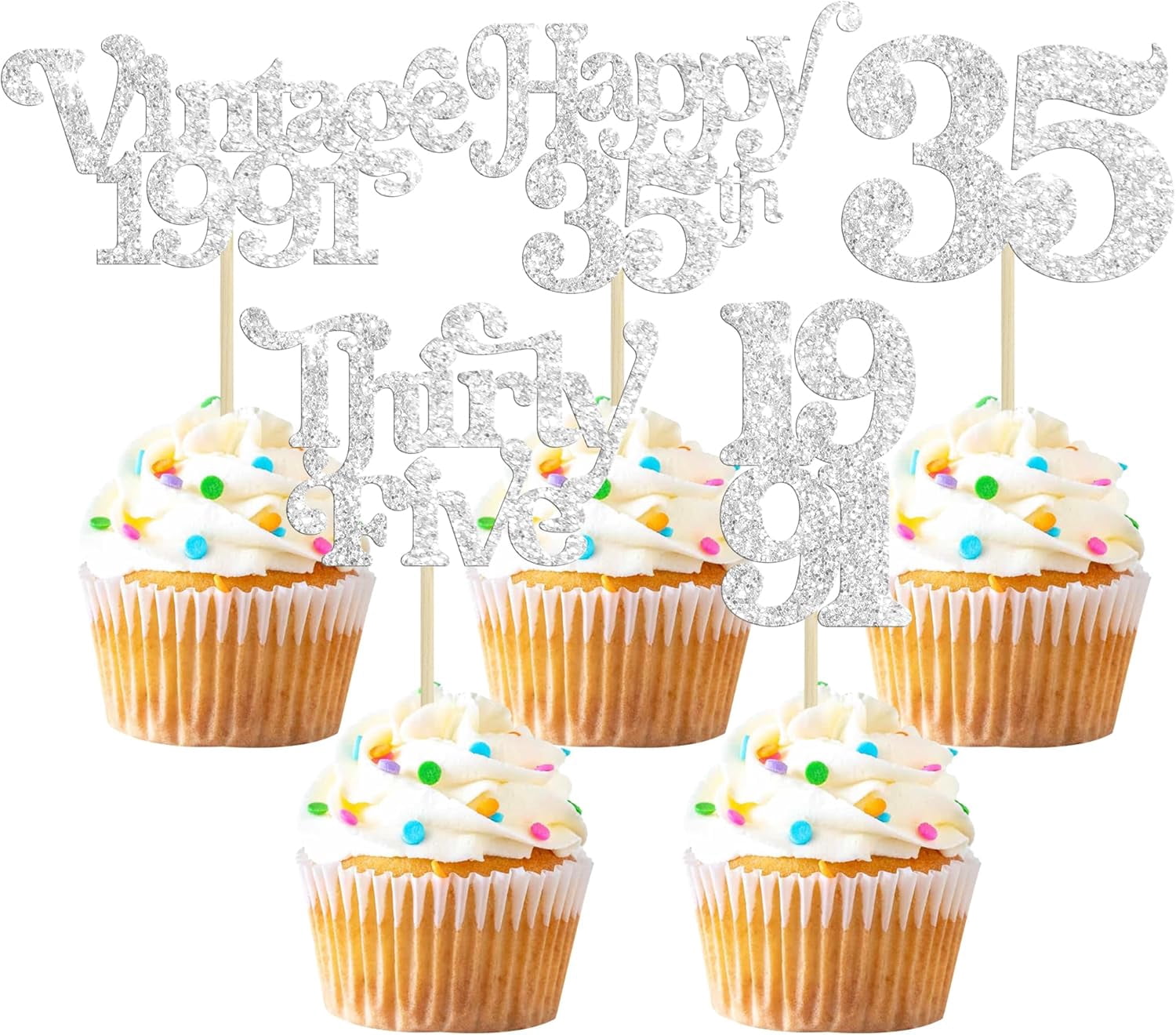10Pcs Silver Glitter 35th Birthday Cupcake Toppers, Vintage 1991 Thirty ...