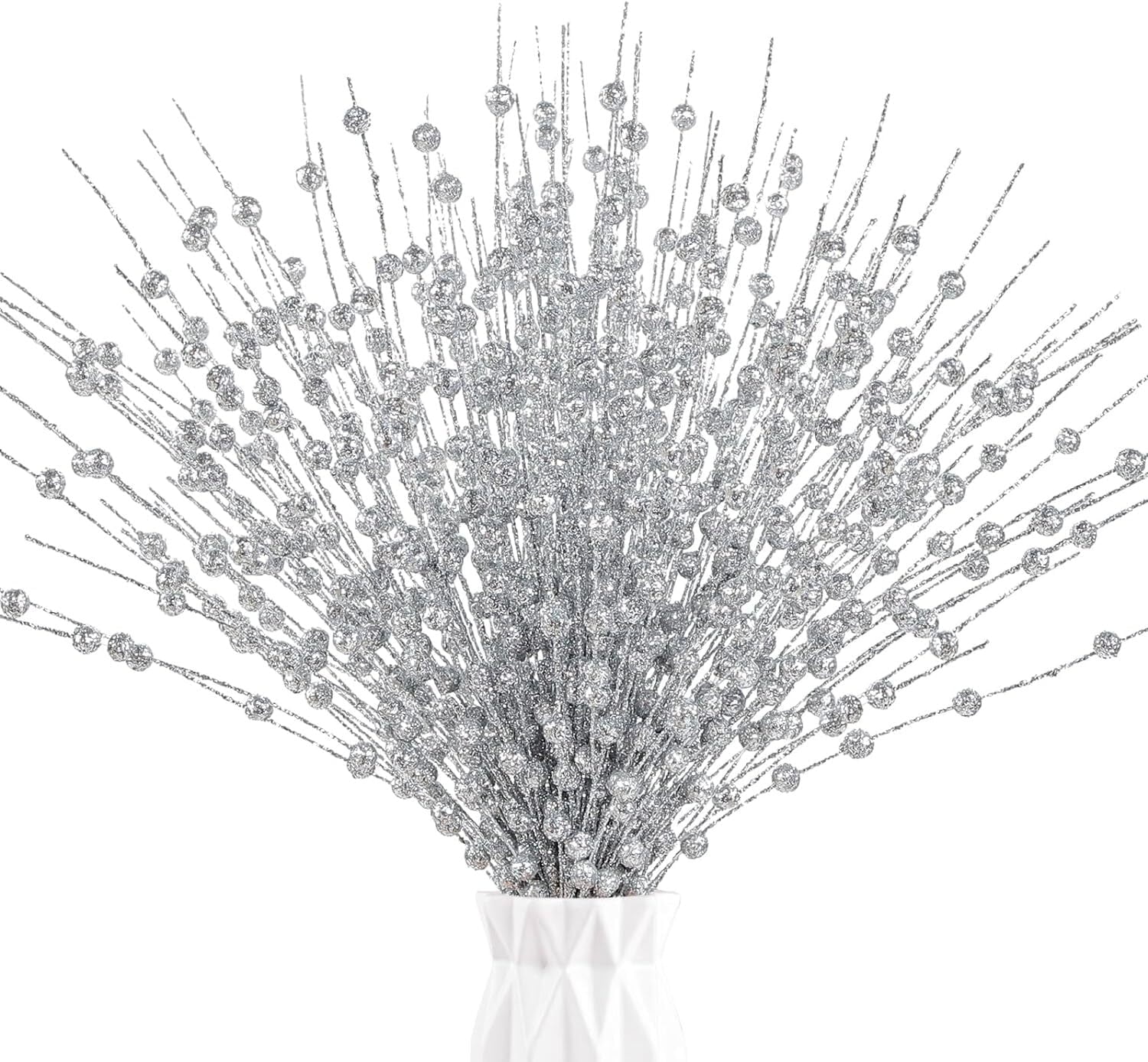 10Pcs Sliver Artificial Glitter Berry Stem Ornaments,17inches Fake ...