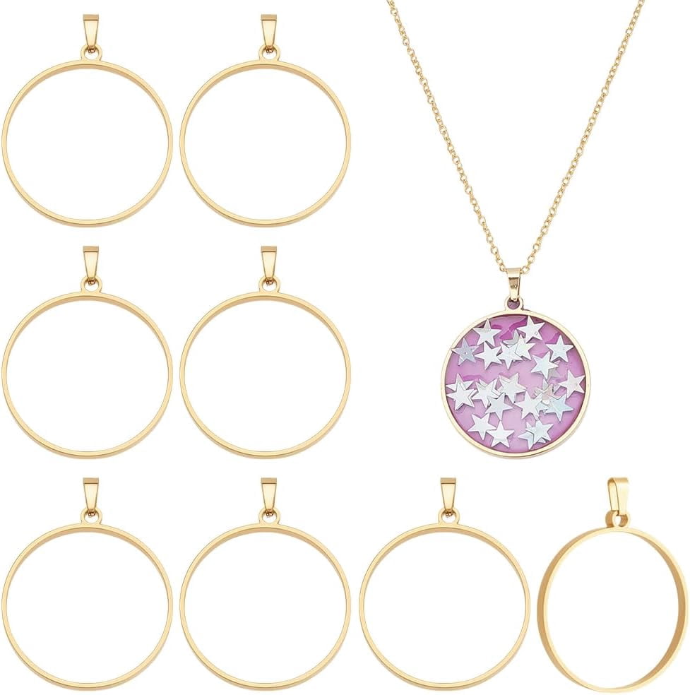 10Pcs Stainless Steel Frame Pendants Round Open Bezel Charms with Snap ...