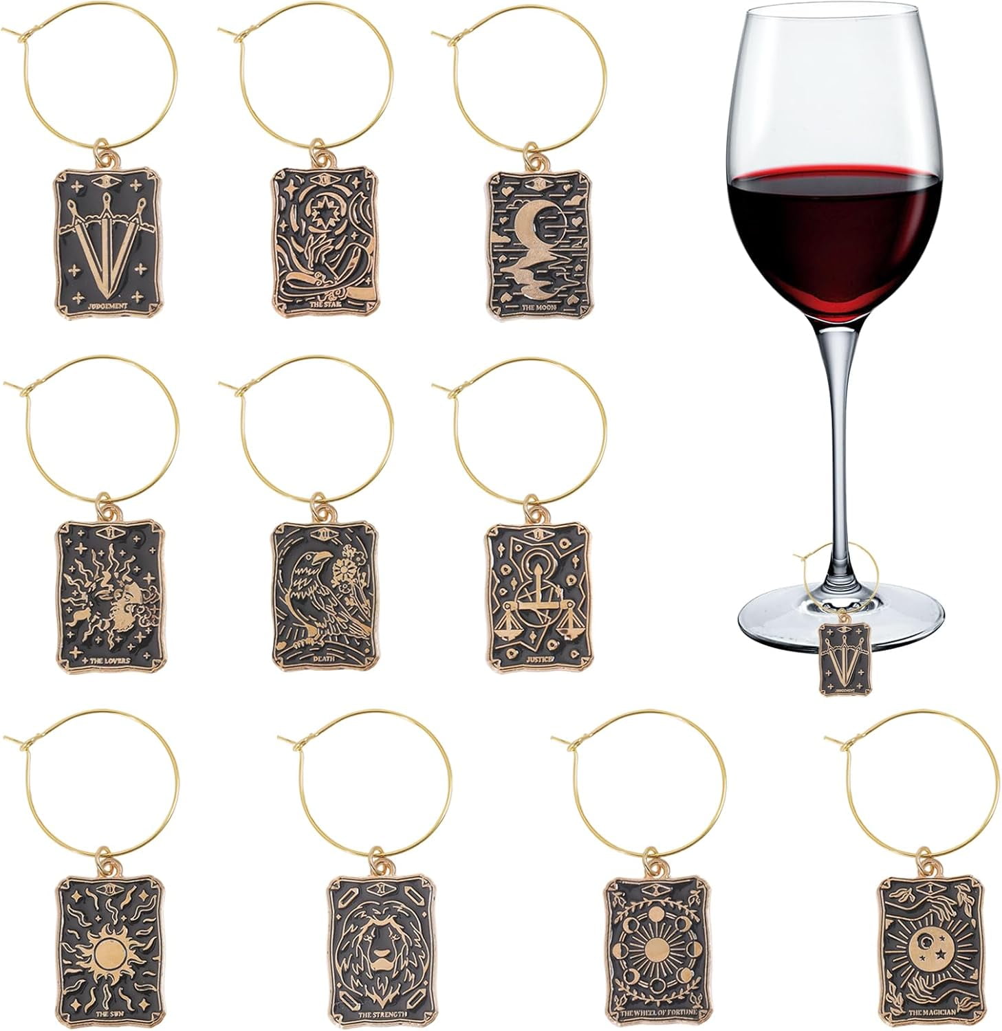 10Pcs Tarot Alloy Enamel Charms Wine Glass Charms with Brass Wine Glass ...