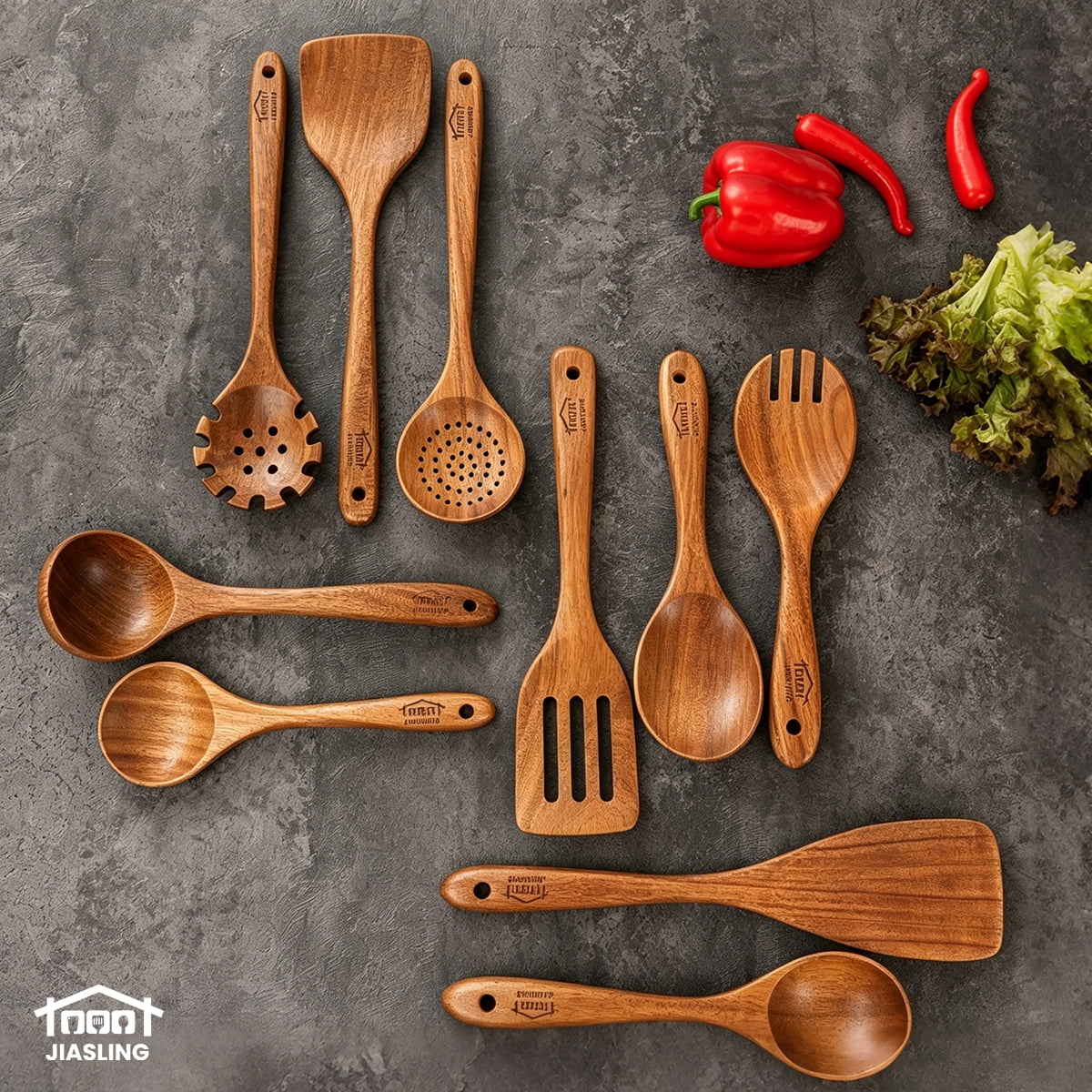10Pcs Wooden Utensils Set for Non-Stick Cookware Natural Teakwood ...