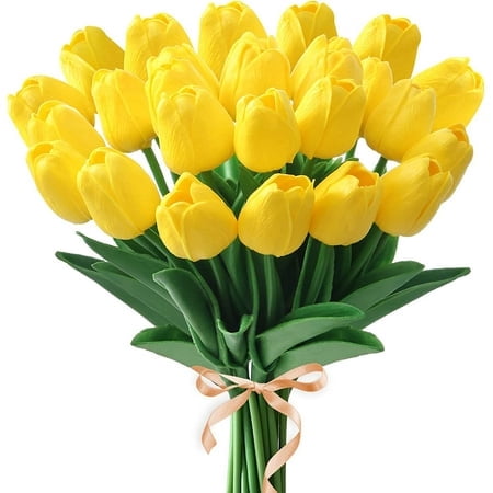 10Pcs Yellow Tulips Artificial Flowers Faux Tulip Stems Real Feel PU ...