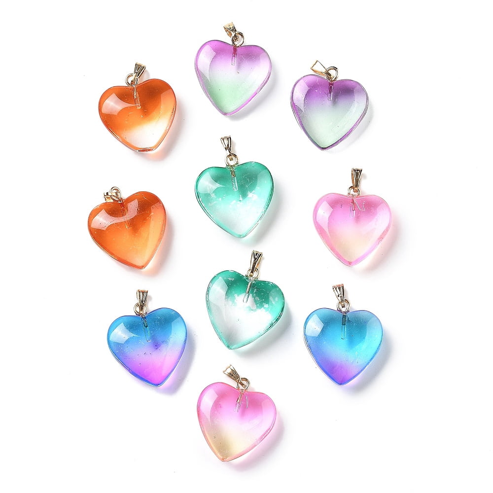 10PcsTwo Tone Transparent Glass Pendants Heart Charms with Golden ...