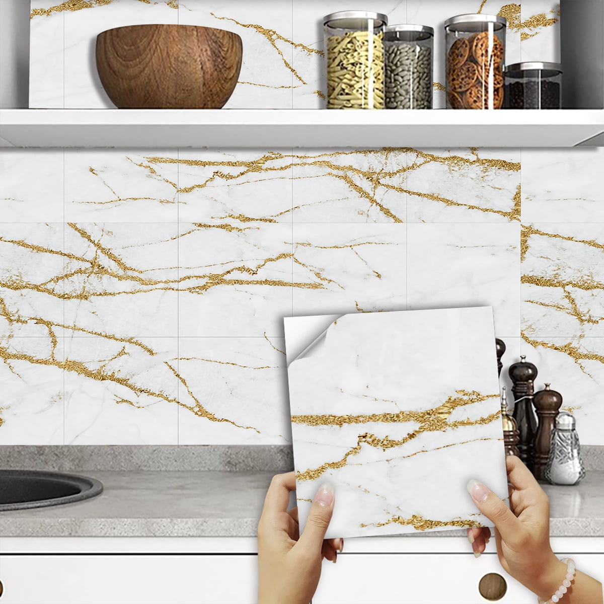 10Piece Kitchen Backsplash Tile Gold & White Marbling Stickers 5.9"x5.9 ...