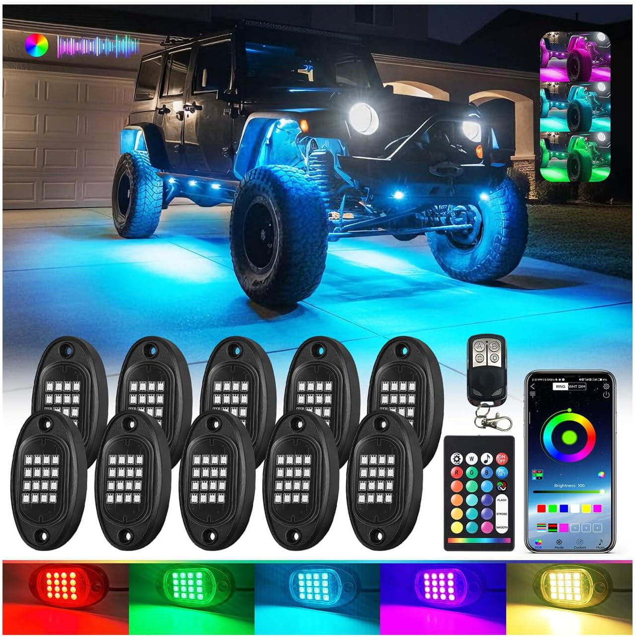 10Pods Segmented RGB LED Rock Lights Kit with APP/RF Remote Control ...