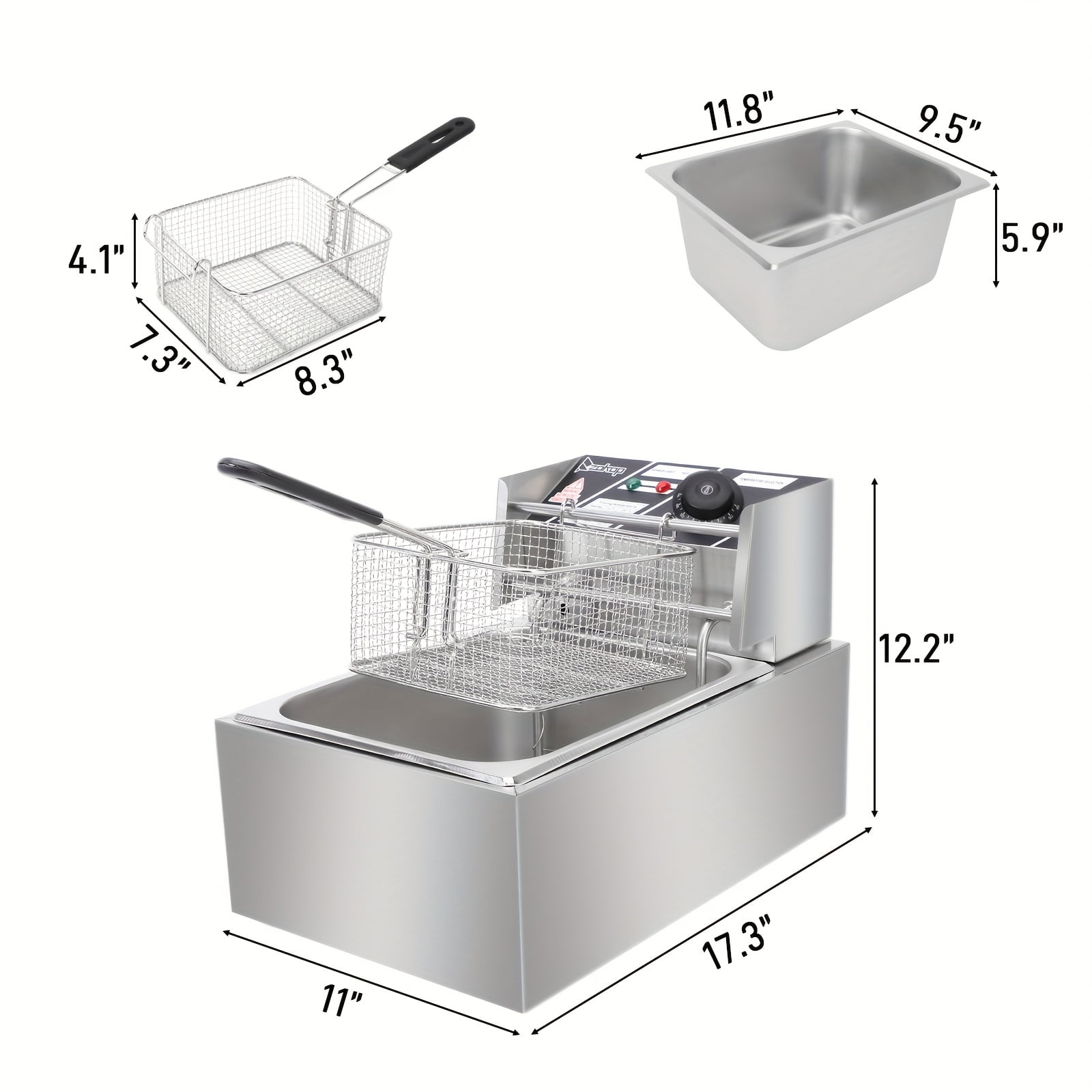 10QT Electric Deep Fryer, 2500W 110V 60Hz, Stainless Steel, Temp ...