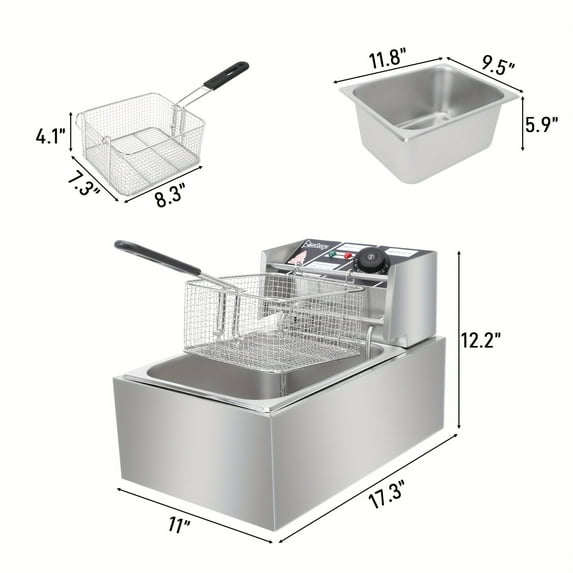 10QT Electric Deep Fryer, 2500W 110V 60Hz, Stainless Steel, Temp ...